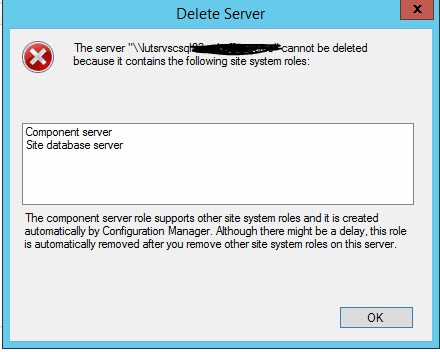 Issue removing old SQL Server from ConfigMgr